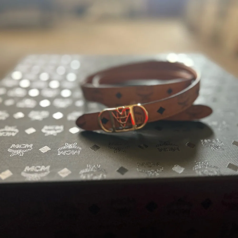 MCM | Accessories | Mcm Cognac Leather Belt With Gold Logo Buckle ...